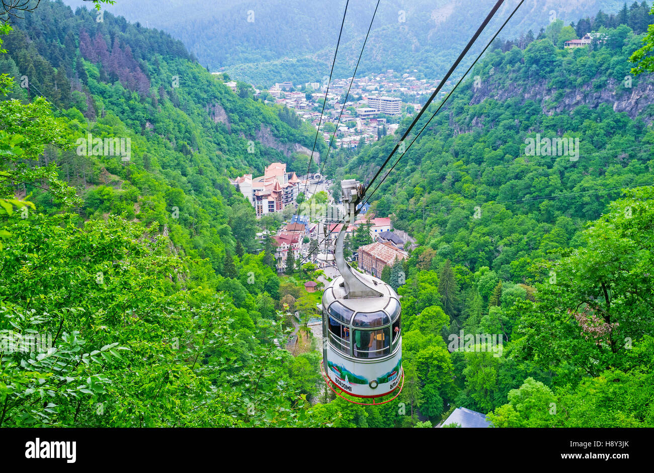 The small cable car among the green mountains of Borjomi-Kharagauli ...
