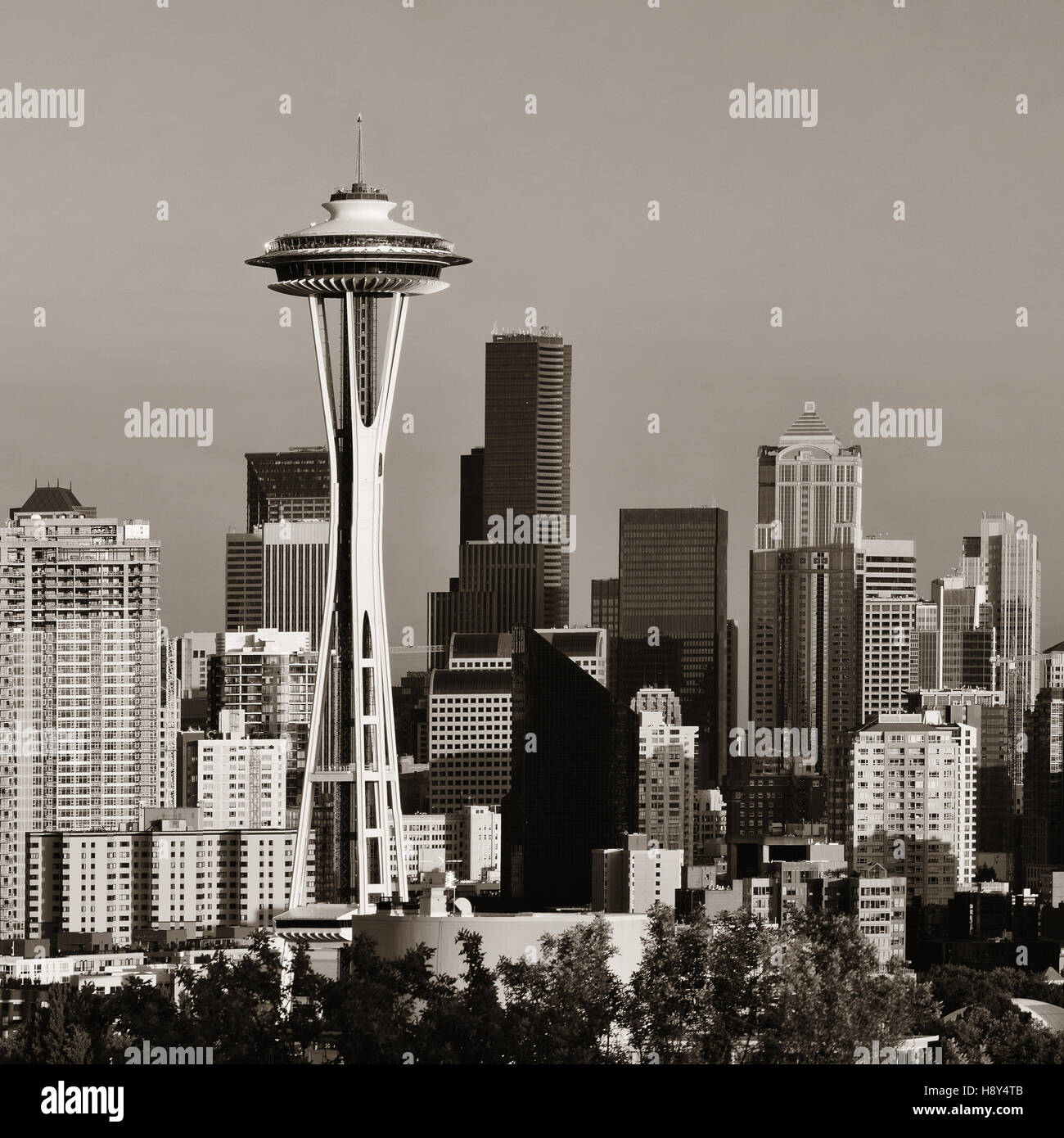 Seattle city skyline at sunset with urban office buildings viewed from ...