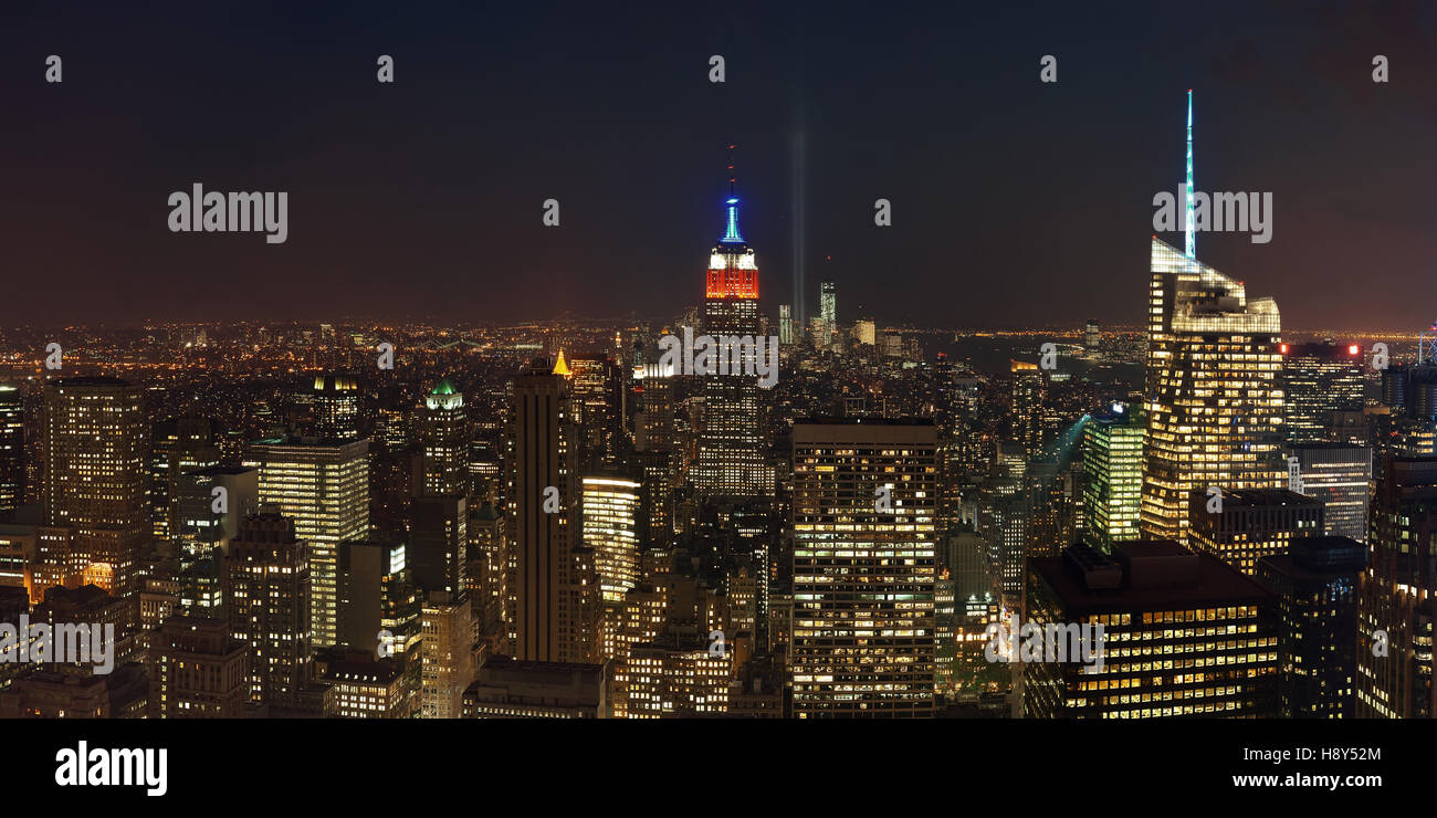 New York City night rooftop view with urban architectures panorama ...