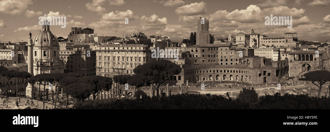 Rome rooftop view with ancient architecture in Italy panorama black and ...