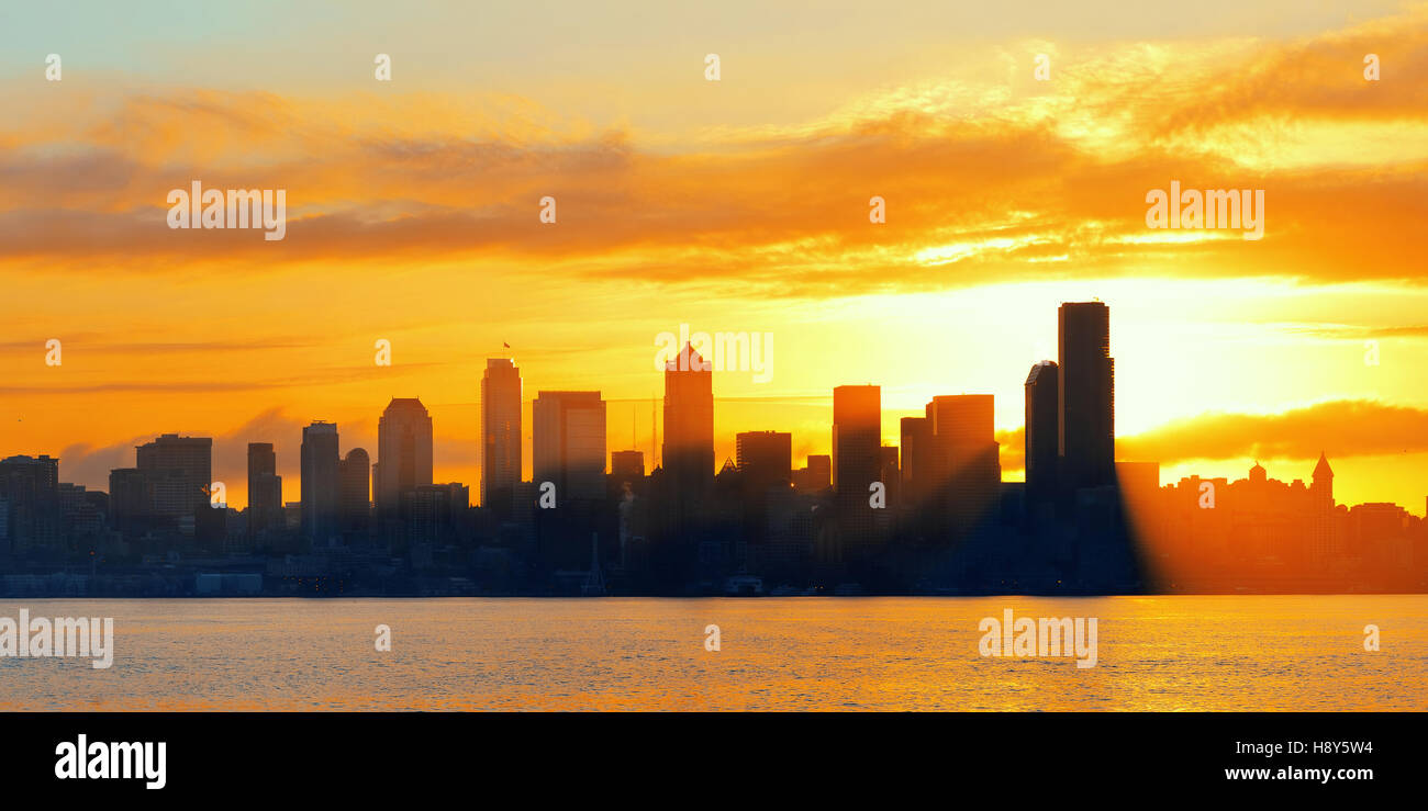 Seattle sunrise skyline silhouette view with urban office buildings ...