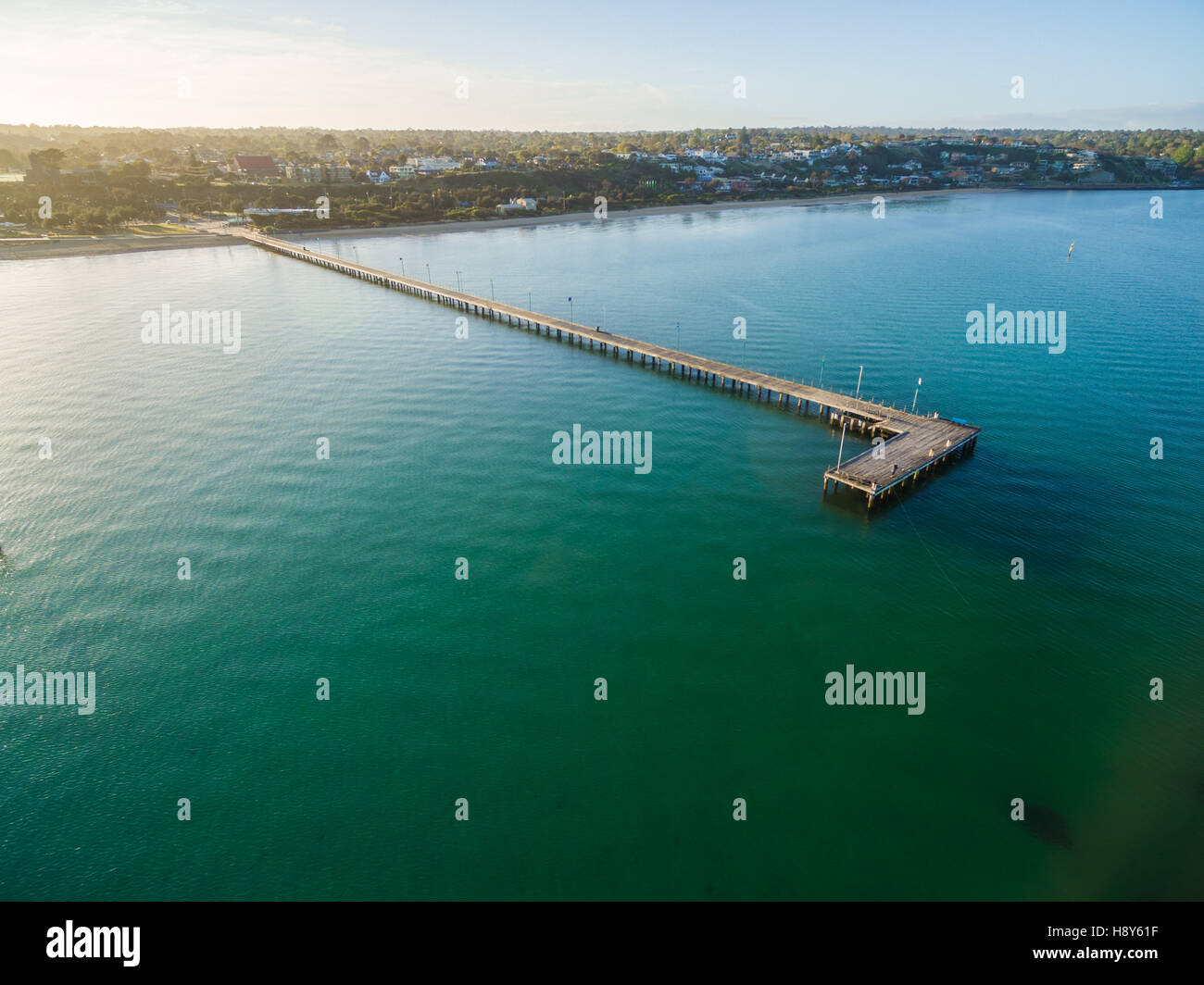 Aerial view of Frankston Pier in turquoise bay waters of Mornington ...