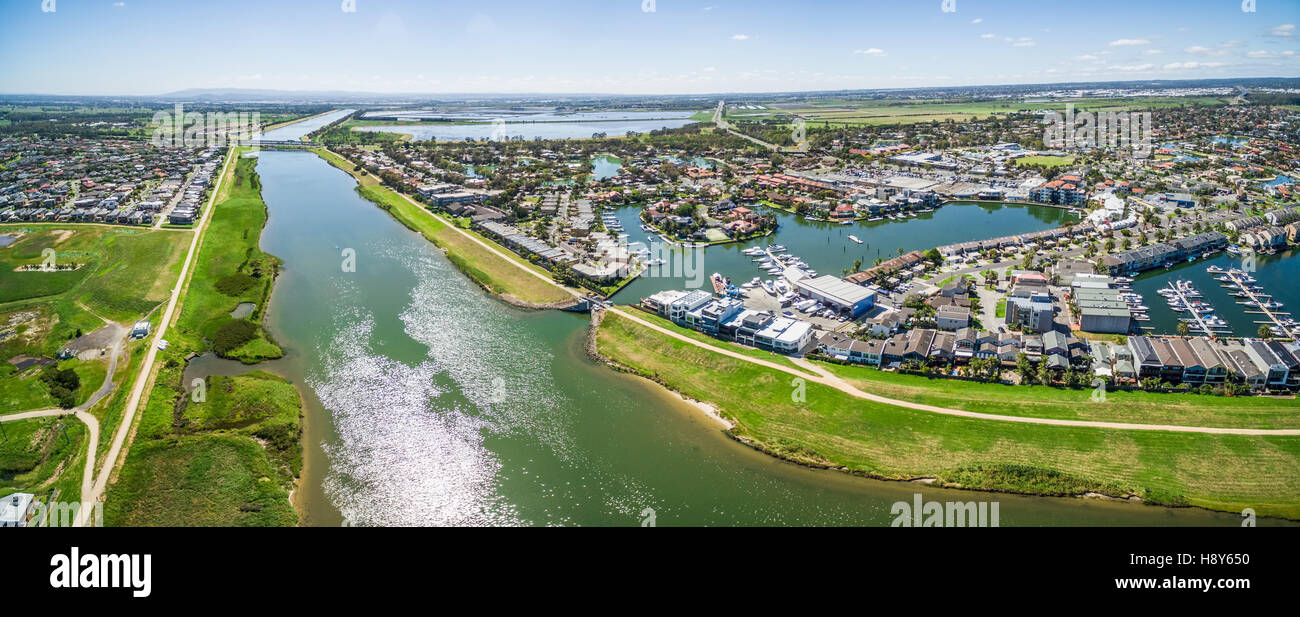 Aerial panorama of Patterson River and Patterson Lakes suburb on bright ...