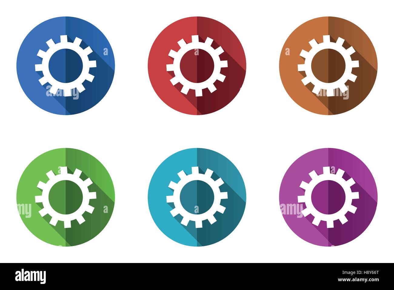 Gear vector icons set. Flat design round web buttons. Colorful circle ...