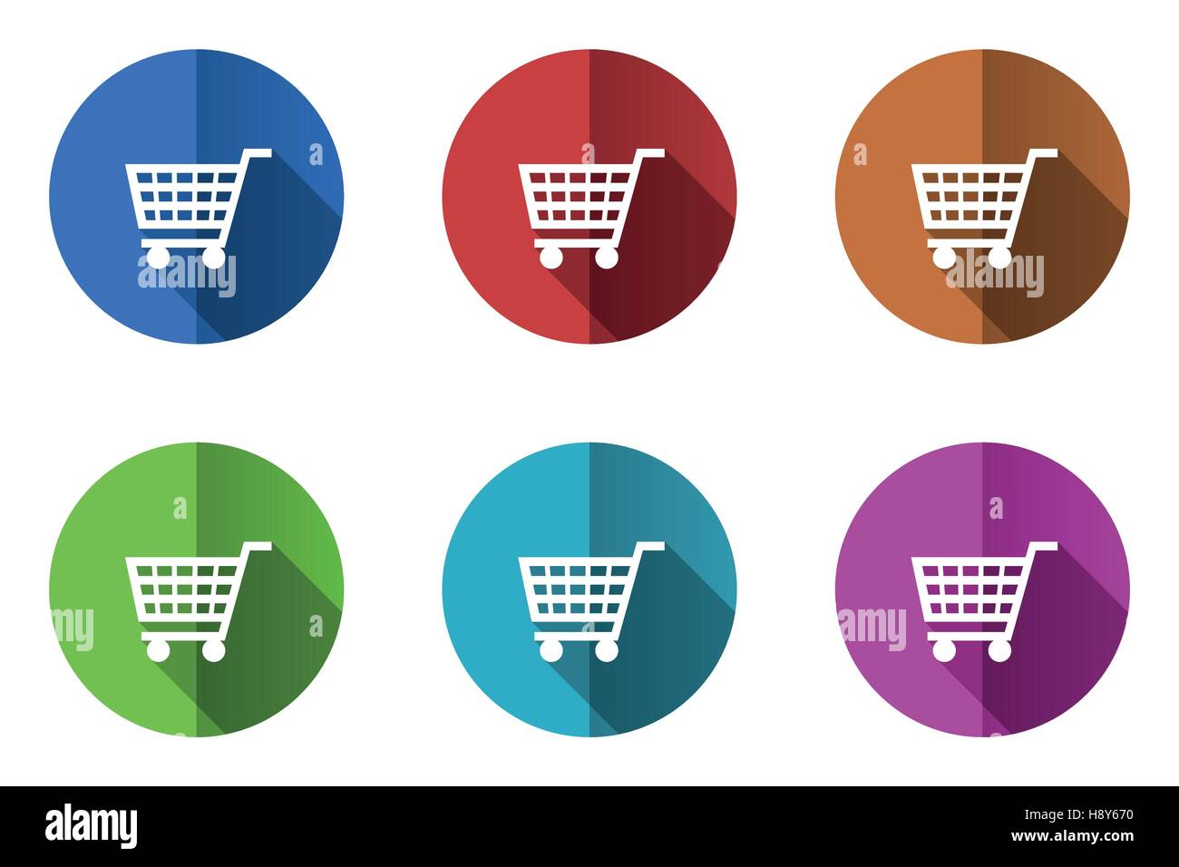 Shopping cart vector icons set. Flat design round web buttons. Colorful ...
