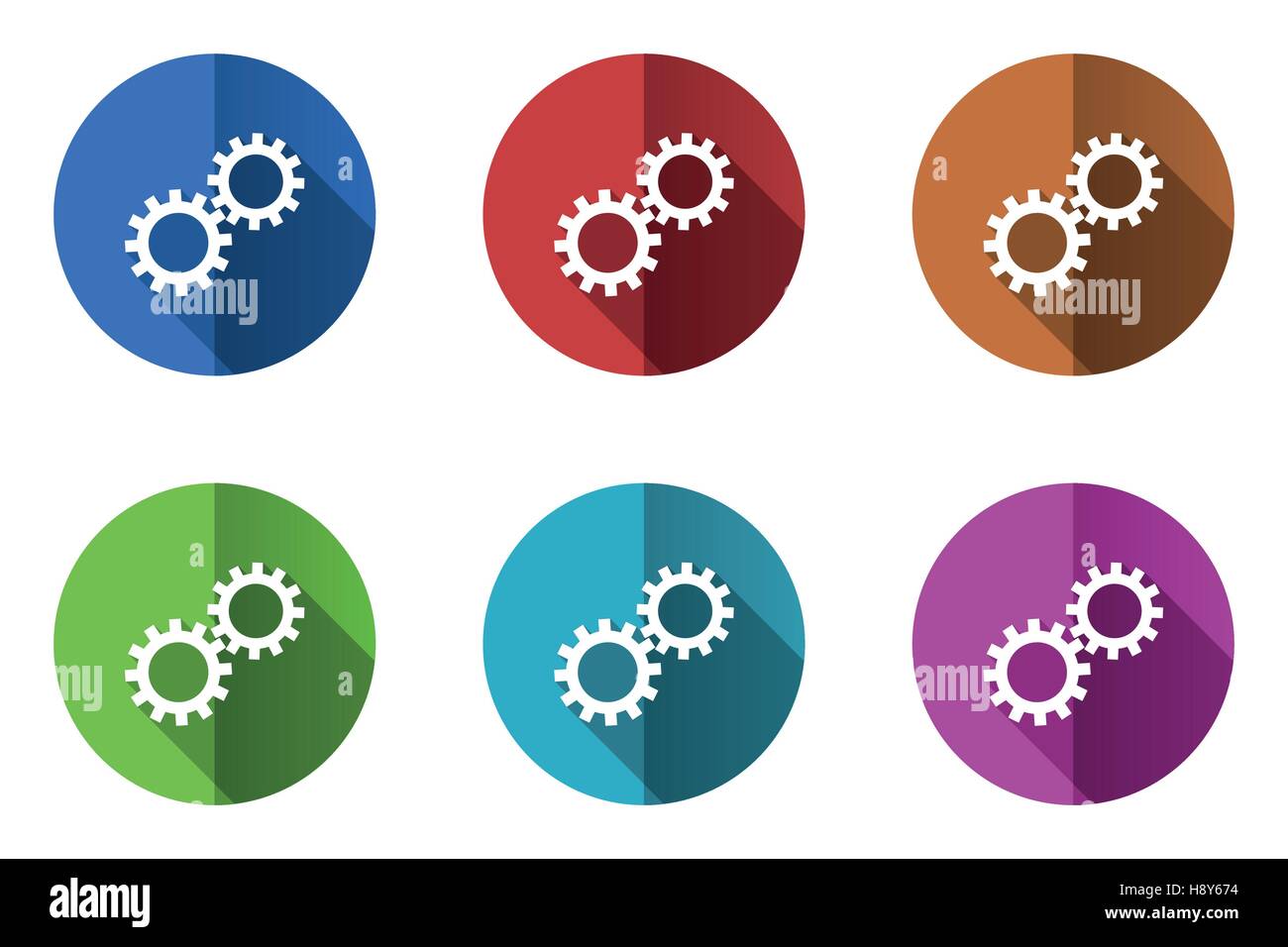 Gears vector icons set. Flat design round web buttons. Colorful circle ...