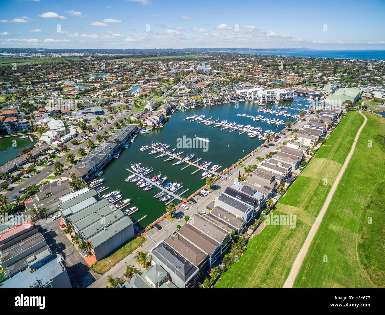 Aerial view of Patterson river and Patterson Lakes suburb, Melbourne ...