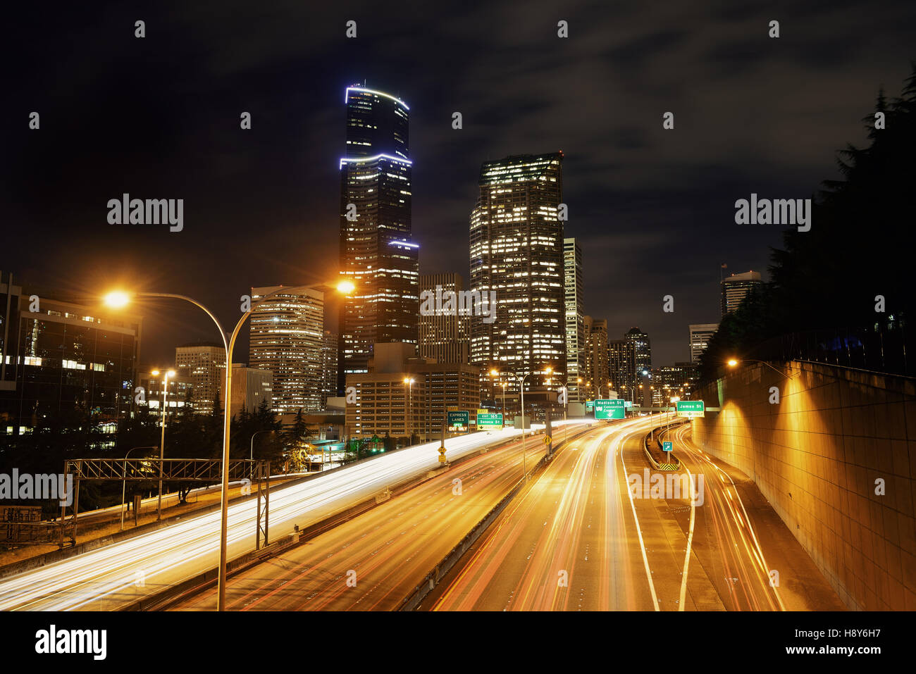 Seattle city view with urban architecture and traffic light trail Stock ...