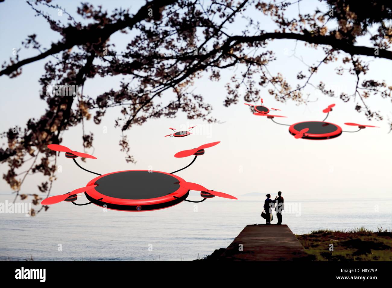 The 3d rendering of colorful drone with 4 camera around it Stock Photo ...