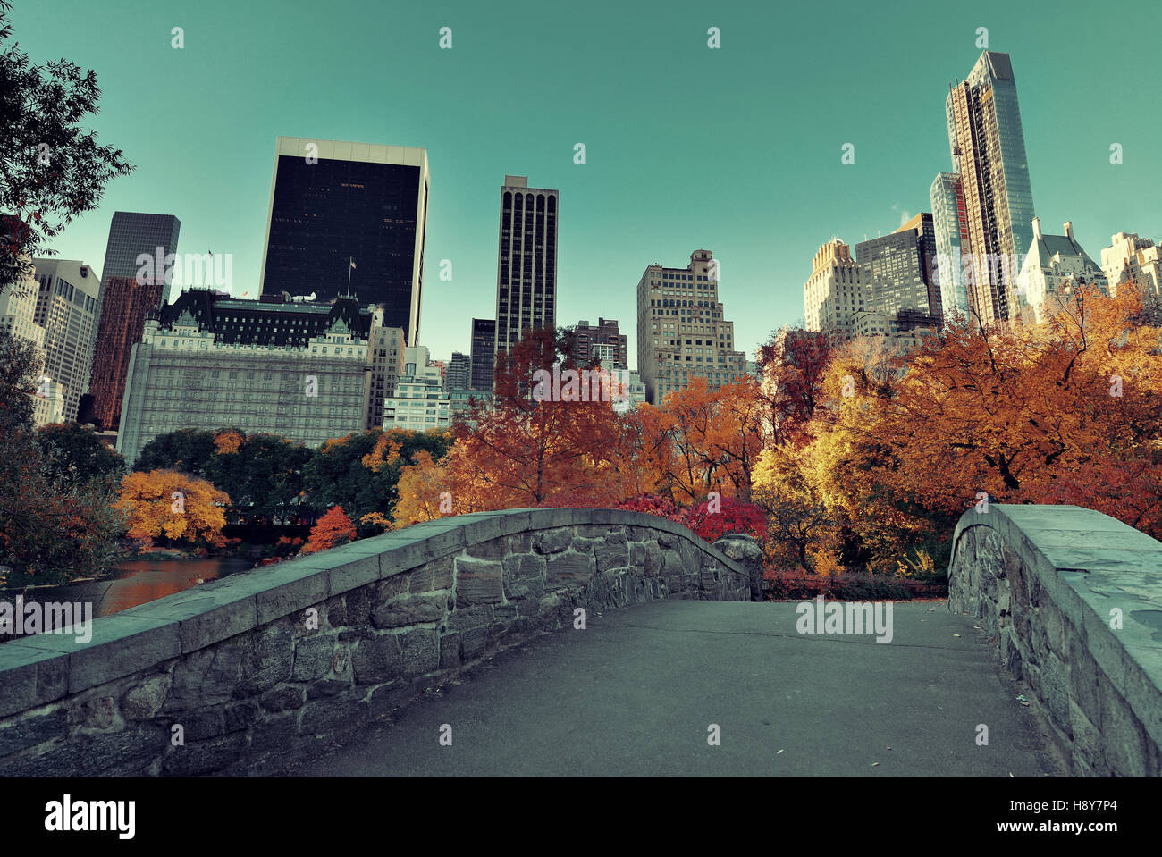 Central Park Autumn with bridge in midtown Manhattan New York City ...