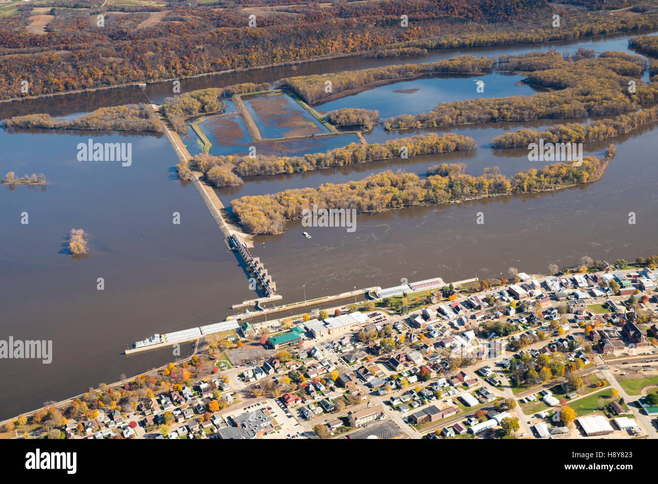 Aerial photograph of Guttenberg, Iowa and Lock & Dam Number 10 on the ...