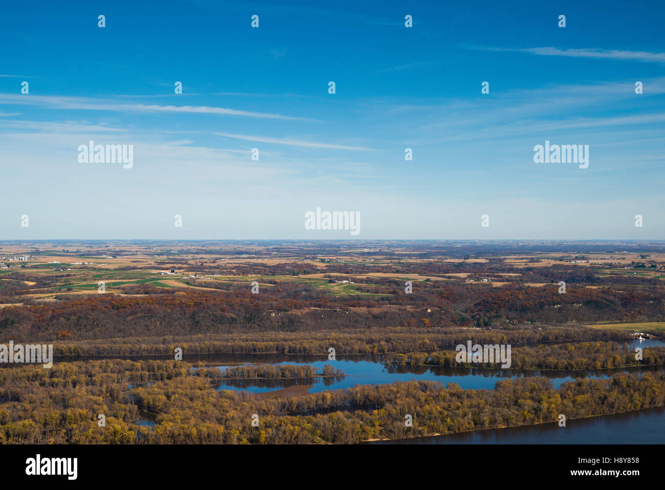 Aerial view of Wisconsin farm lands looking east from the Iowa side of ...