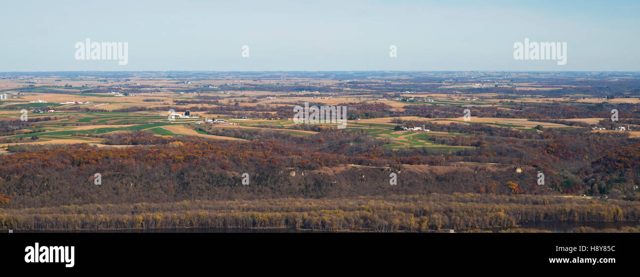 Aerial view of Wisconsin farm lands looking east from the Iowa side of ...