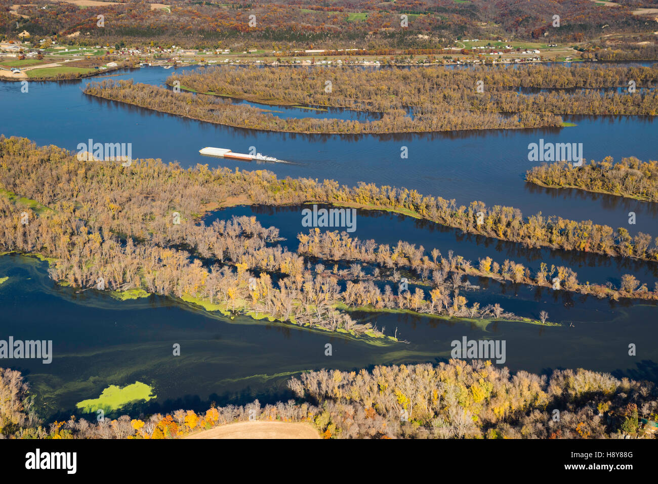 Aerial view of the Mississippi River at Casseville, Wisconsin looking ...