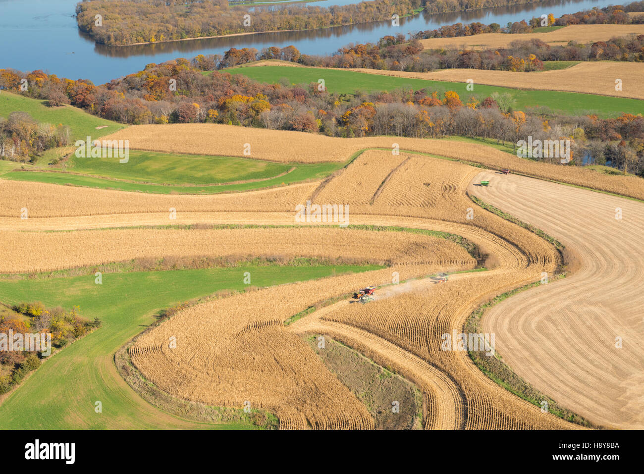 Aerial view of harvested farm fields and woods in northeast Iowa along ...