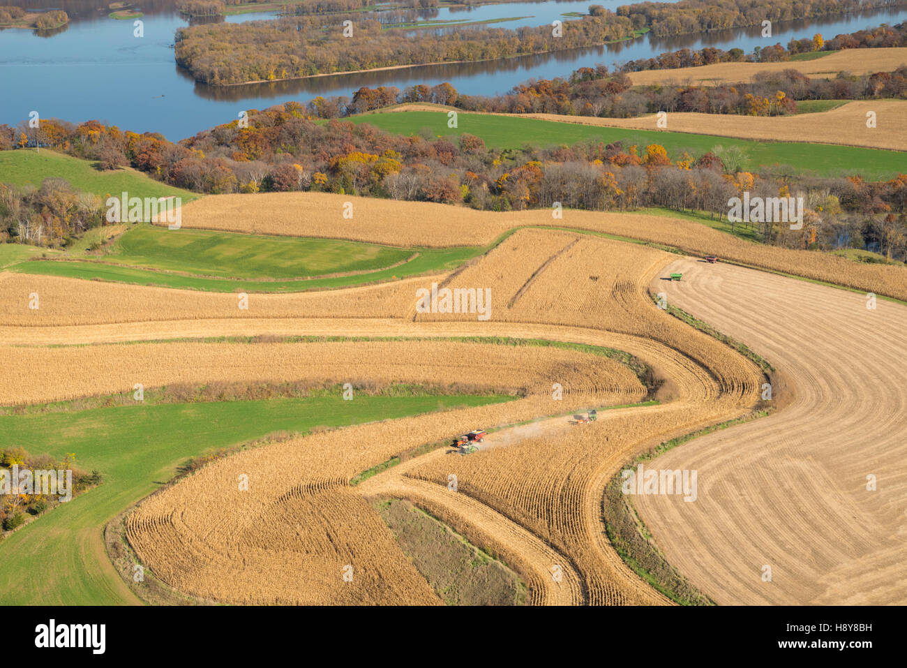 Aerial view of harvested farm fields and woods in northeast Iowa along ...