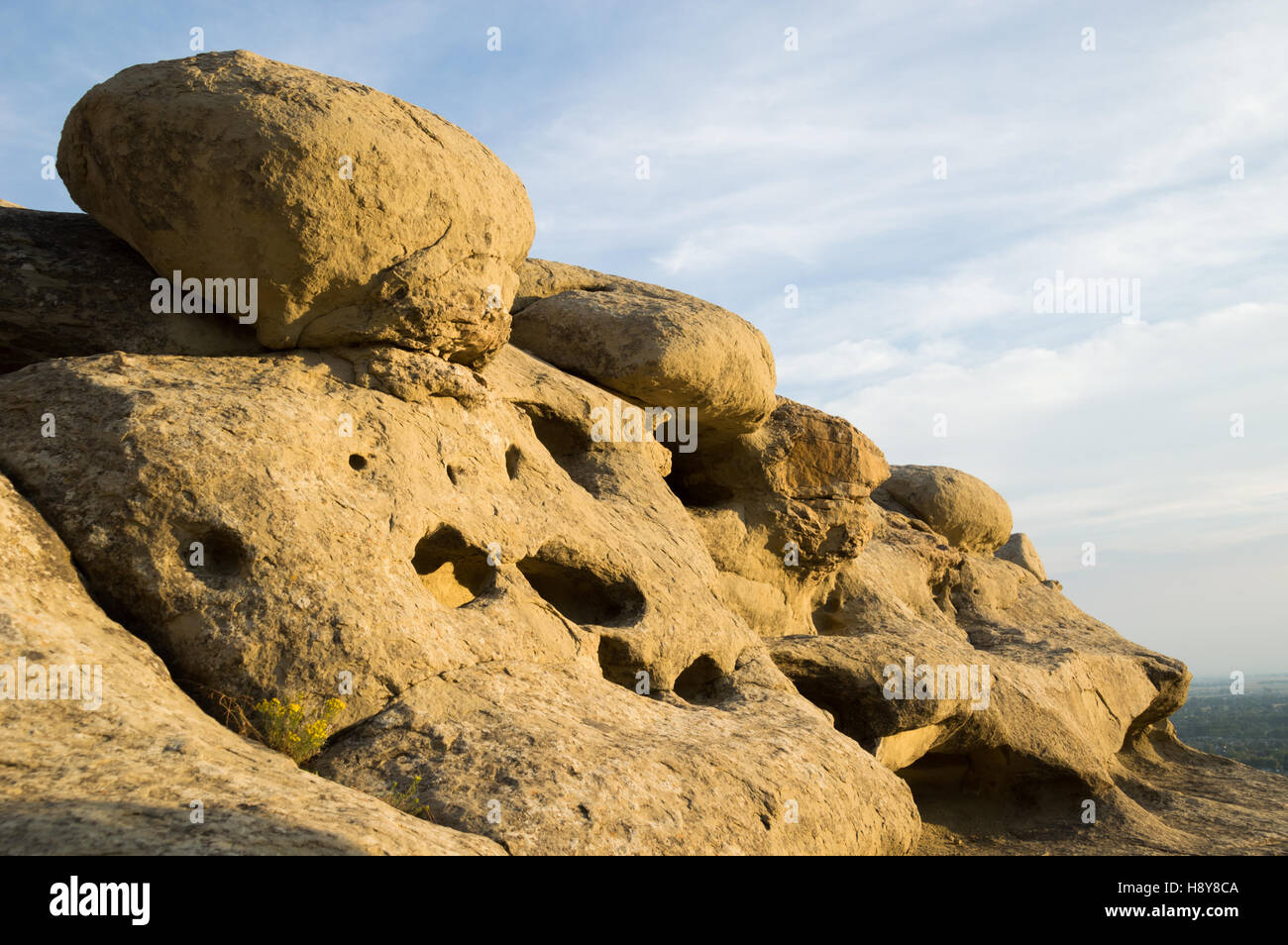 A ridge of sandstone viewed from an angle at sunset showing the holes ...