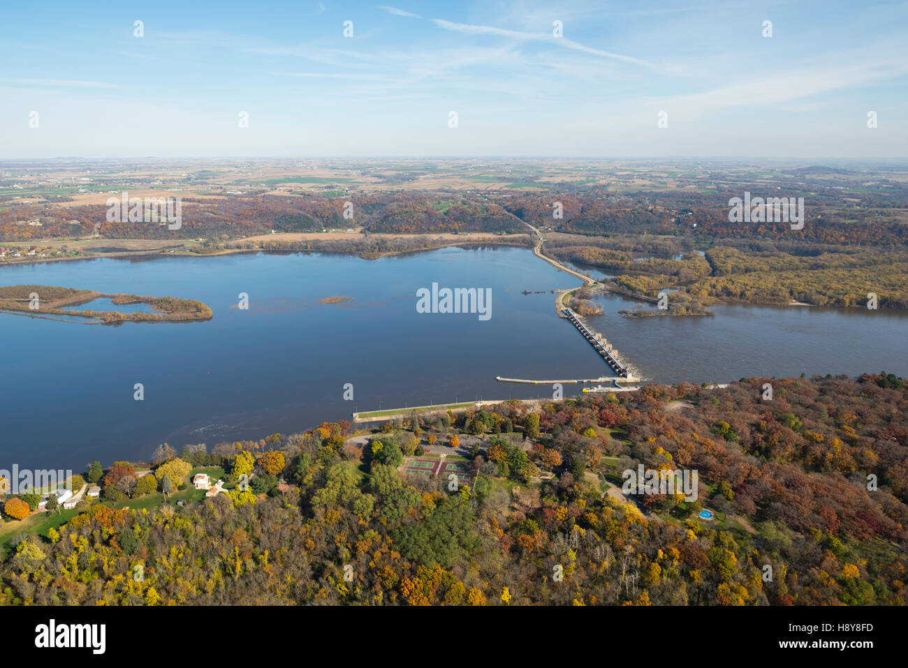 Aerial view of the Mississippi River and Lock & Dam number 11, north of ...
