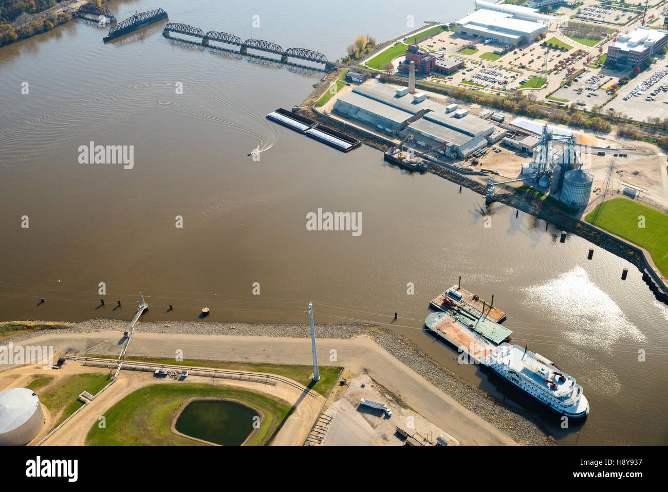 Aerial view of Dubuque, Iowa and the Mississippi River, and the ...