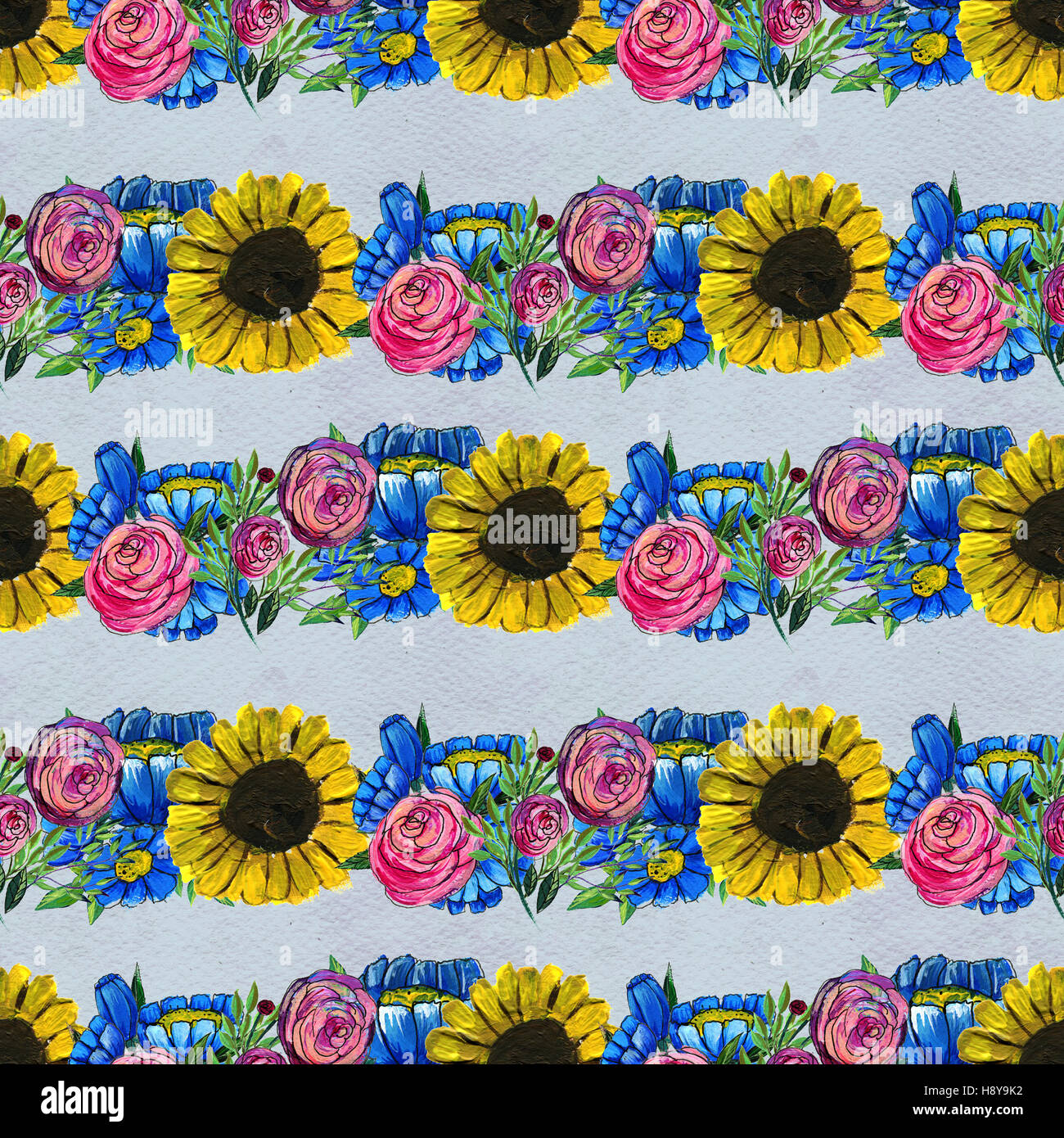 Seamless pattern with blue yellow and pink flowers Stock Photo - Alamy