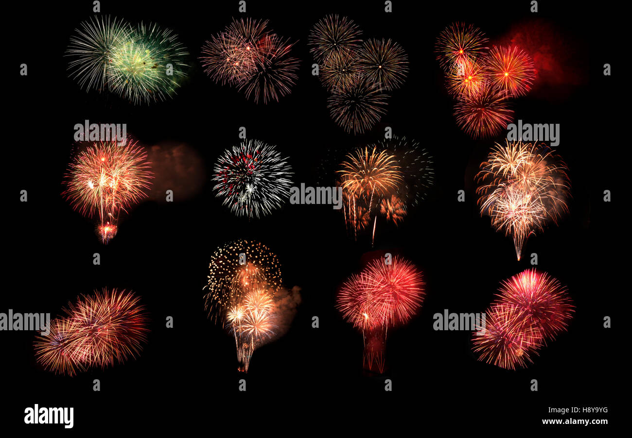Collage of a variety of colorful fireworks isolated on black background ...