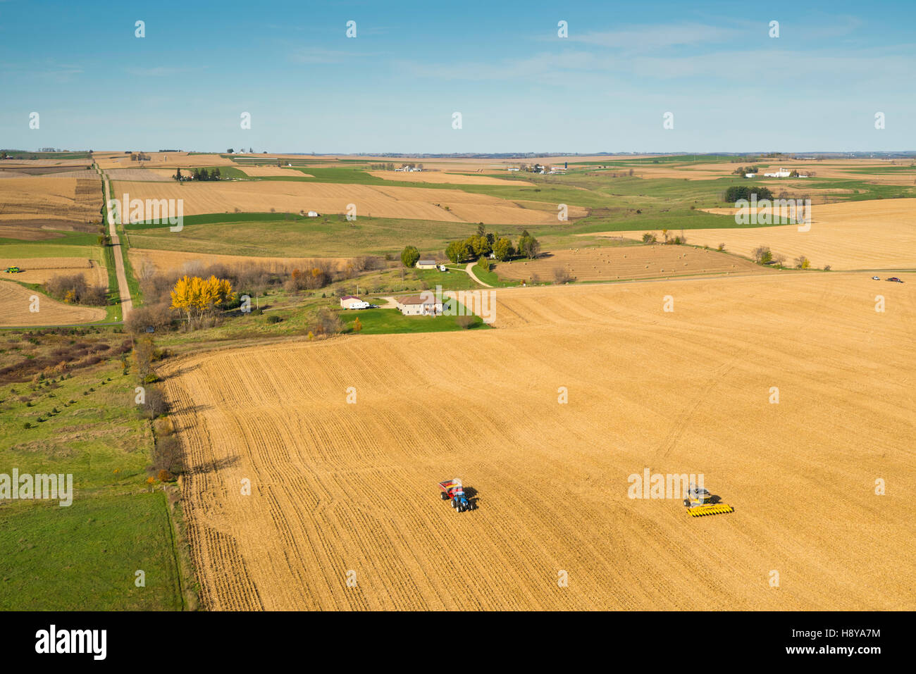 Aerial photograph of corn harvest in rural, southwest Wisconsin Stock ...
