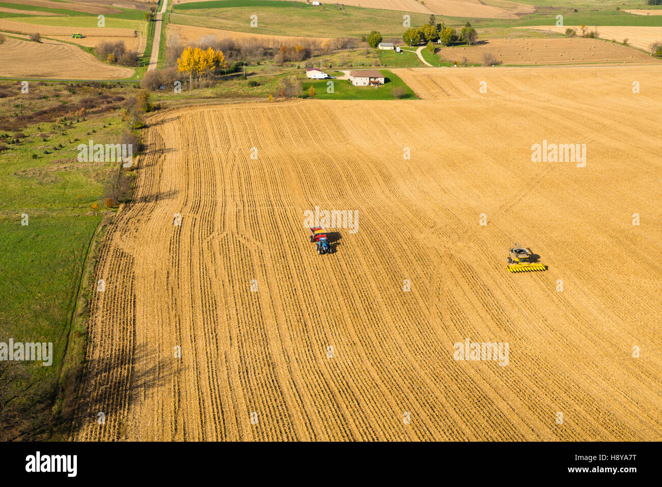Aerial photograph of corn harvest in rural, southwest Wisconsin Stock ...