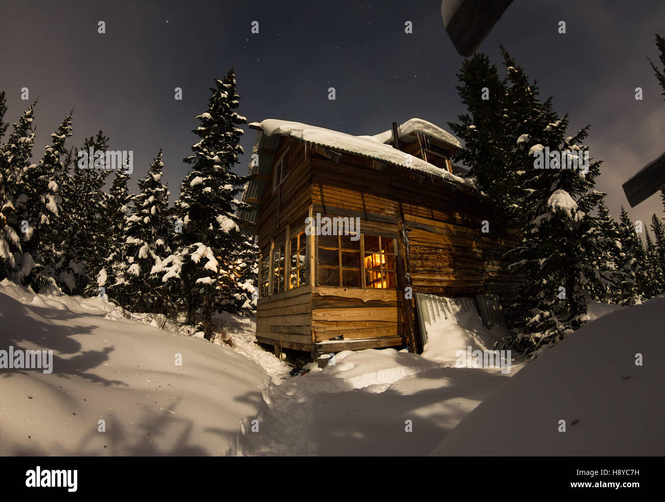 House Chalet during a snowfall in the trees winter forest at night in ...