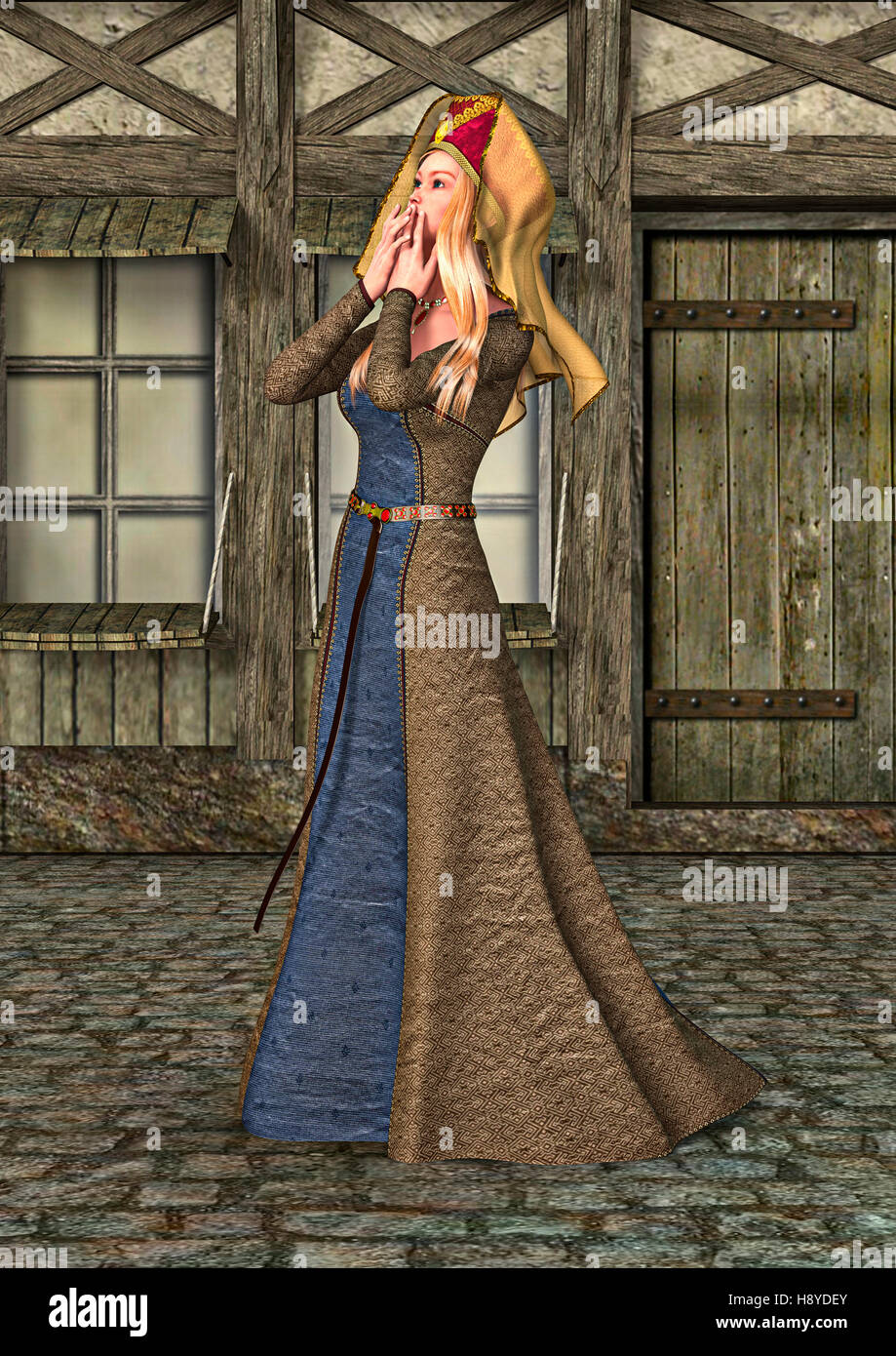 3D rendering of a beautiful medieval lady on old city background Stock ...