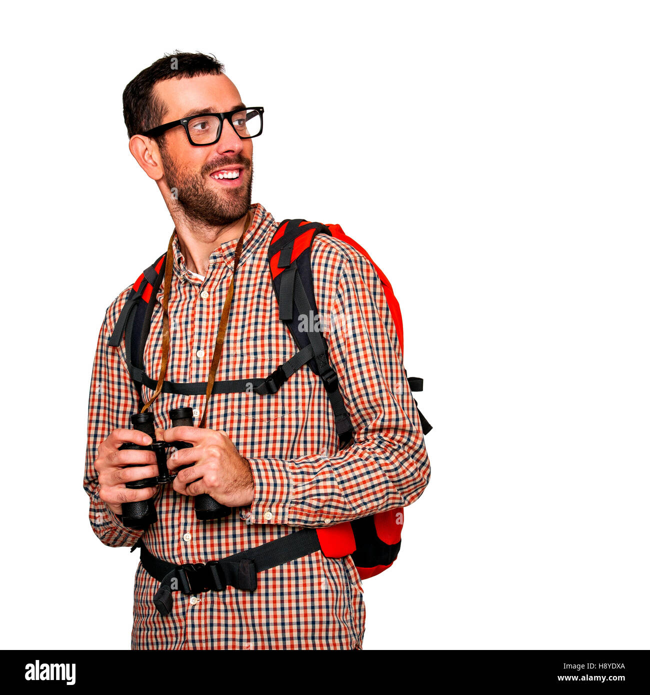 Backpacker man isolated over white background Stock Photo - Alamy