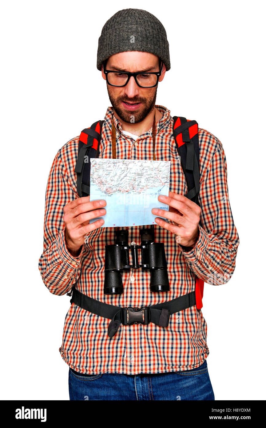 Hiker man reading map. Hiking. Isolated over white background Stock ...