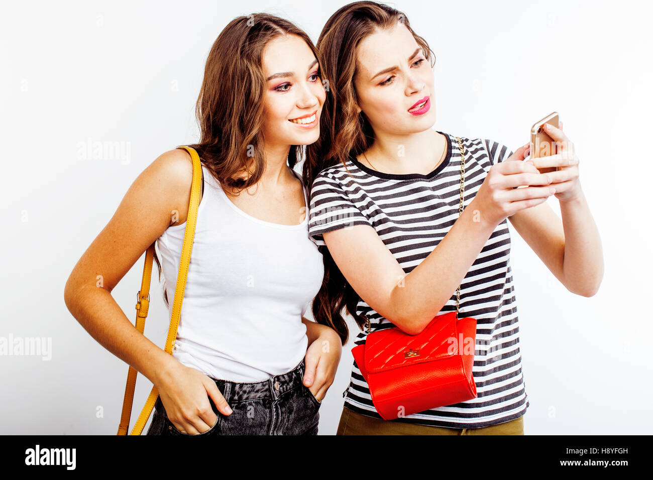 Two Best Friends Teenage Girls Together Having Fun Posing Emotional On