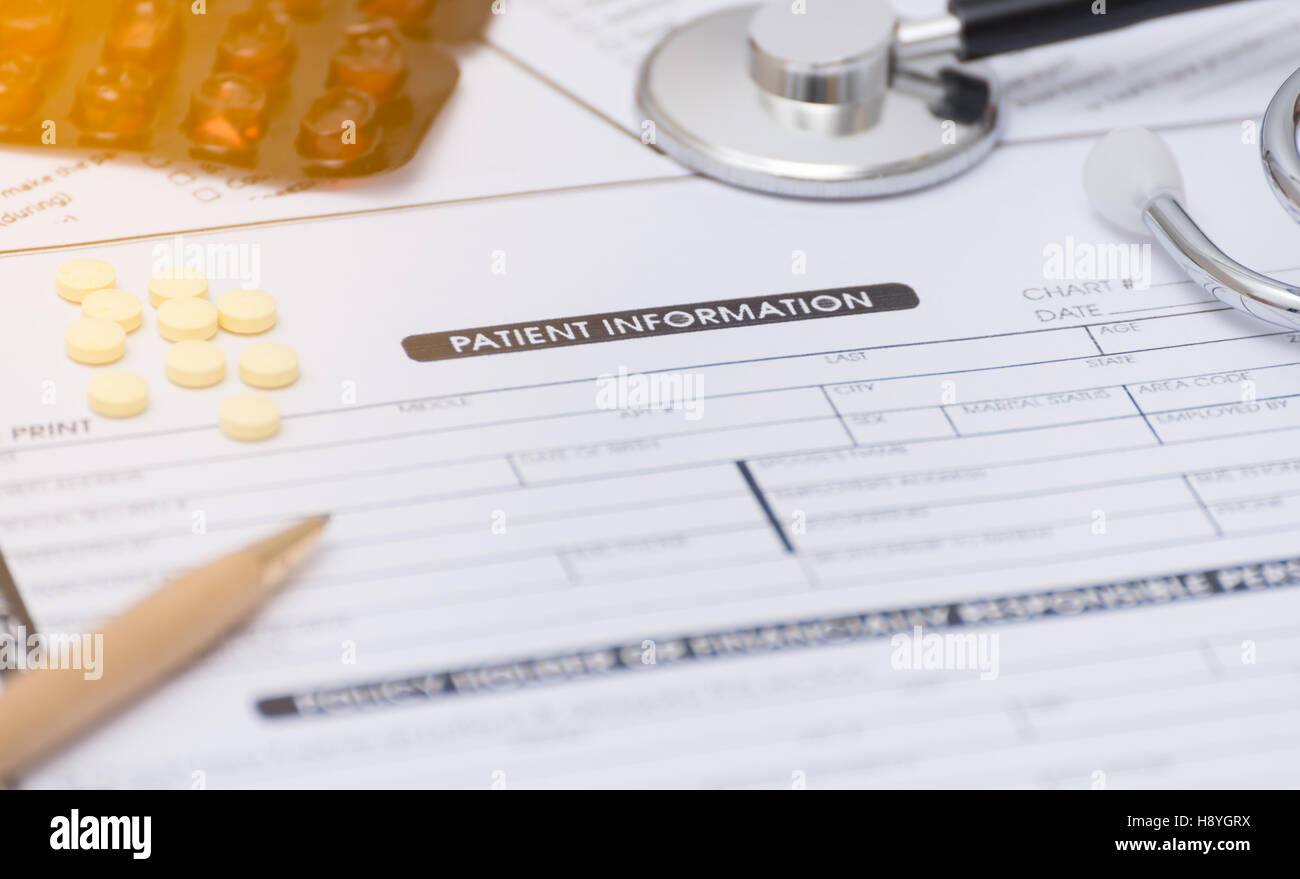 Close-up of patient information concept,Stetoscope and medicine,pen on ...