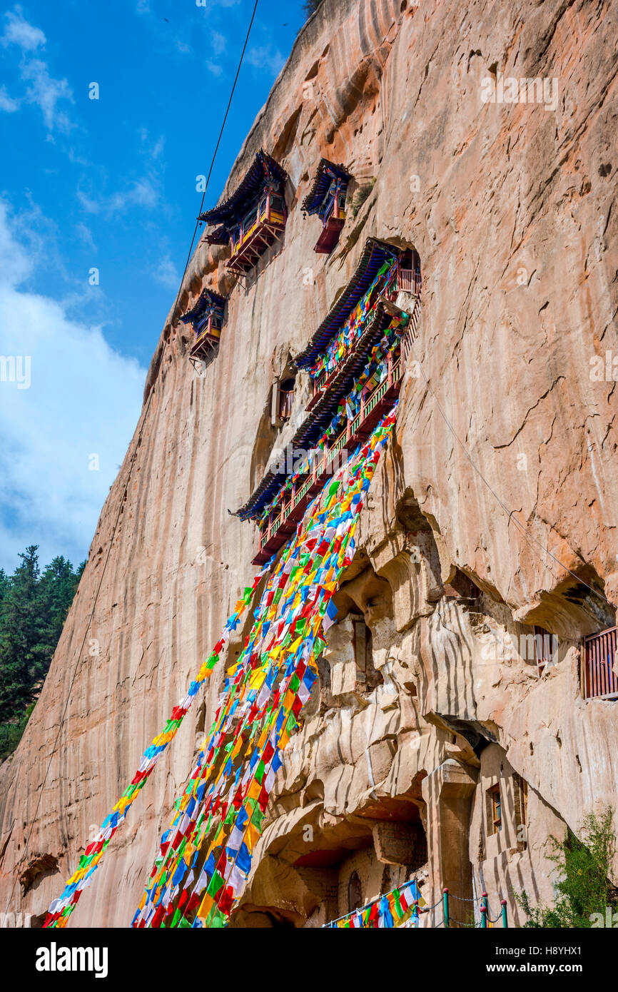 Mati Si cave temple with colorful praying buddhist flags, Zhangye ...
