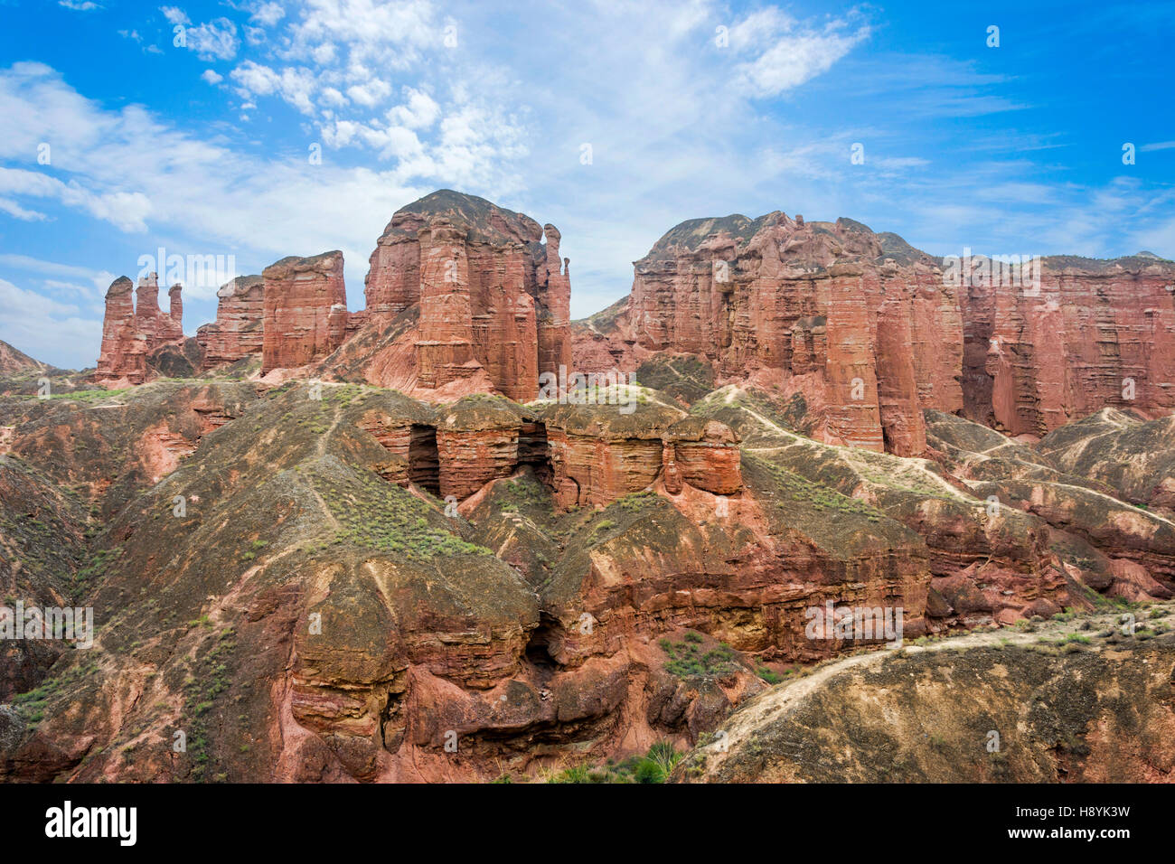 Walking paths around sandstone rock formation at Zhangye Danxia ...