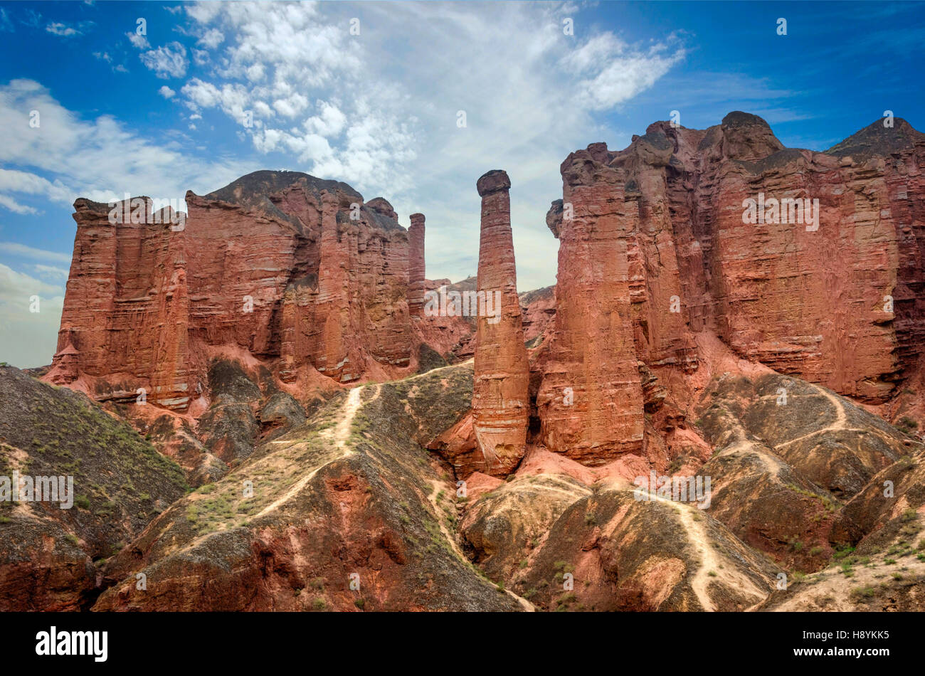 Walking paths around sandstone rock formation at Zhangye Danxia ...