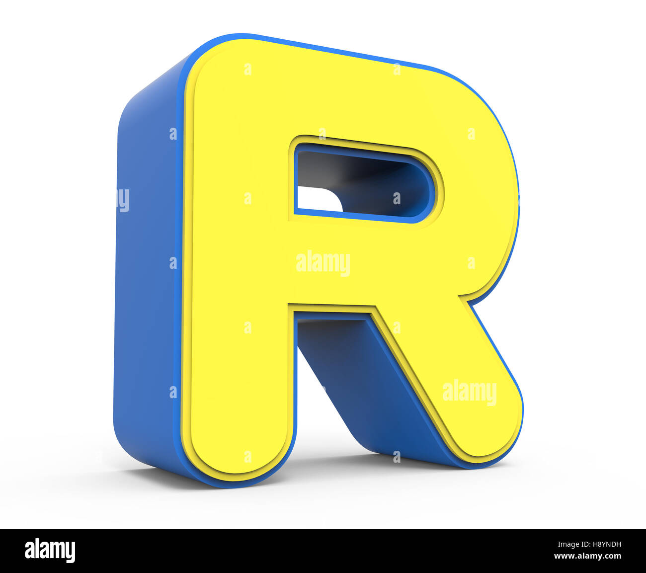 3d rendering cute yellow letter R isolated white background, toylike ...