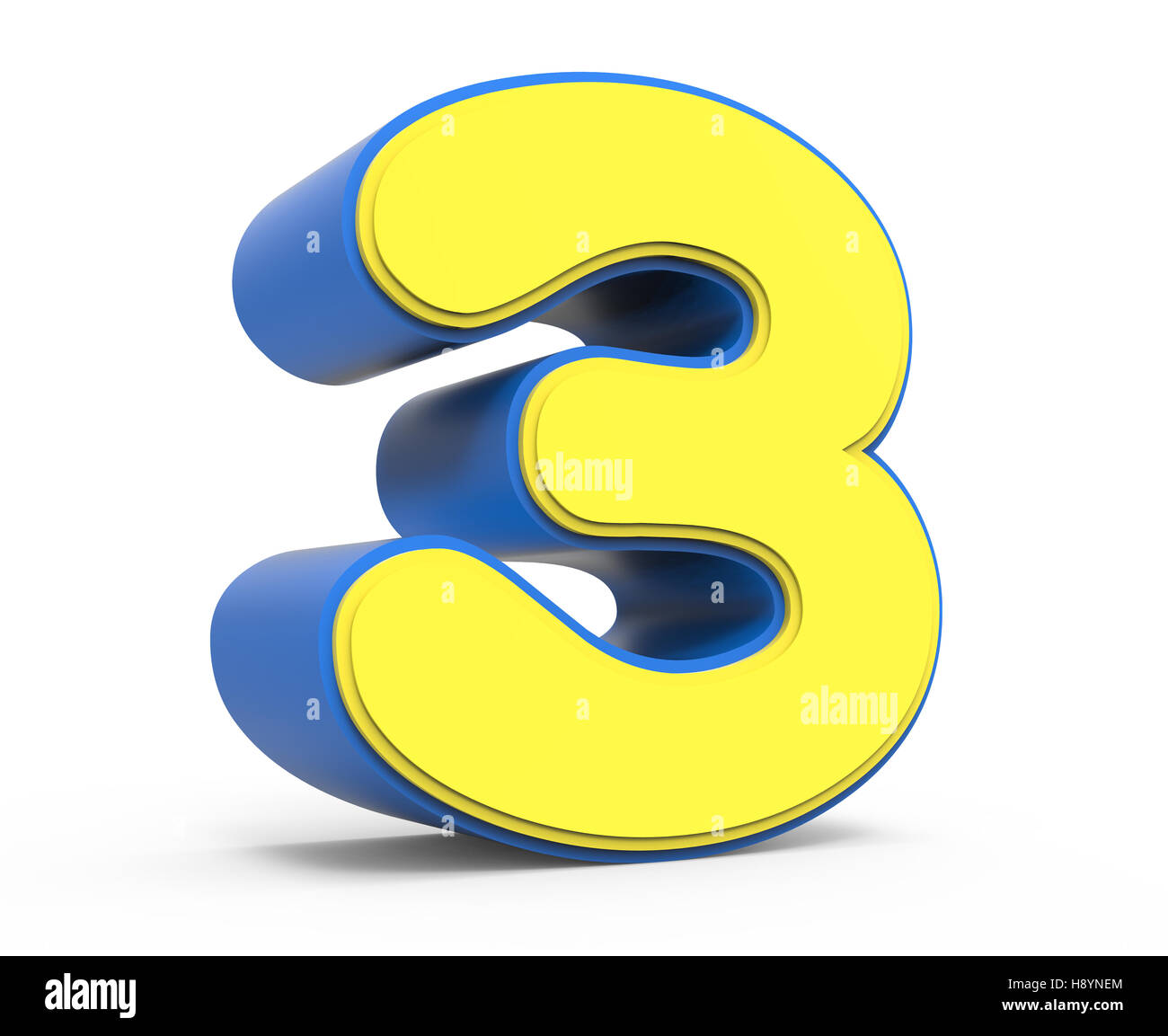 3d rendering cute yellow number 3 isolated white background, toylike ...