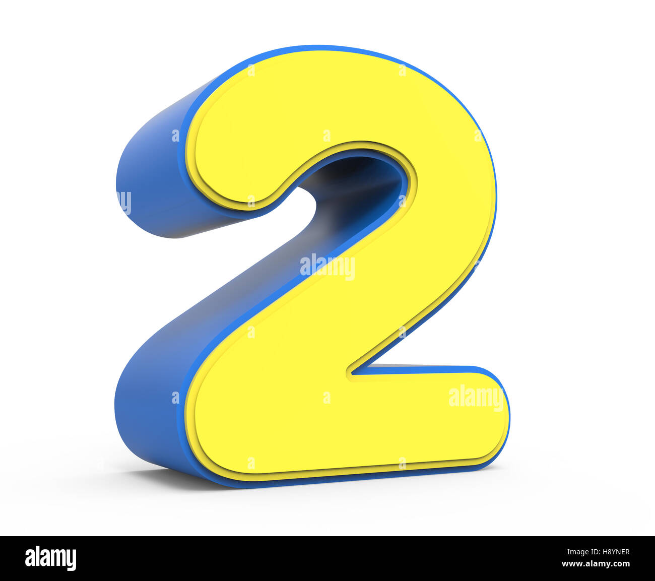 3d rendering cute yellow number 2 isolated white background, toylike ...
