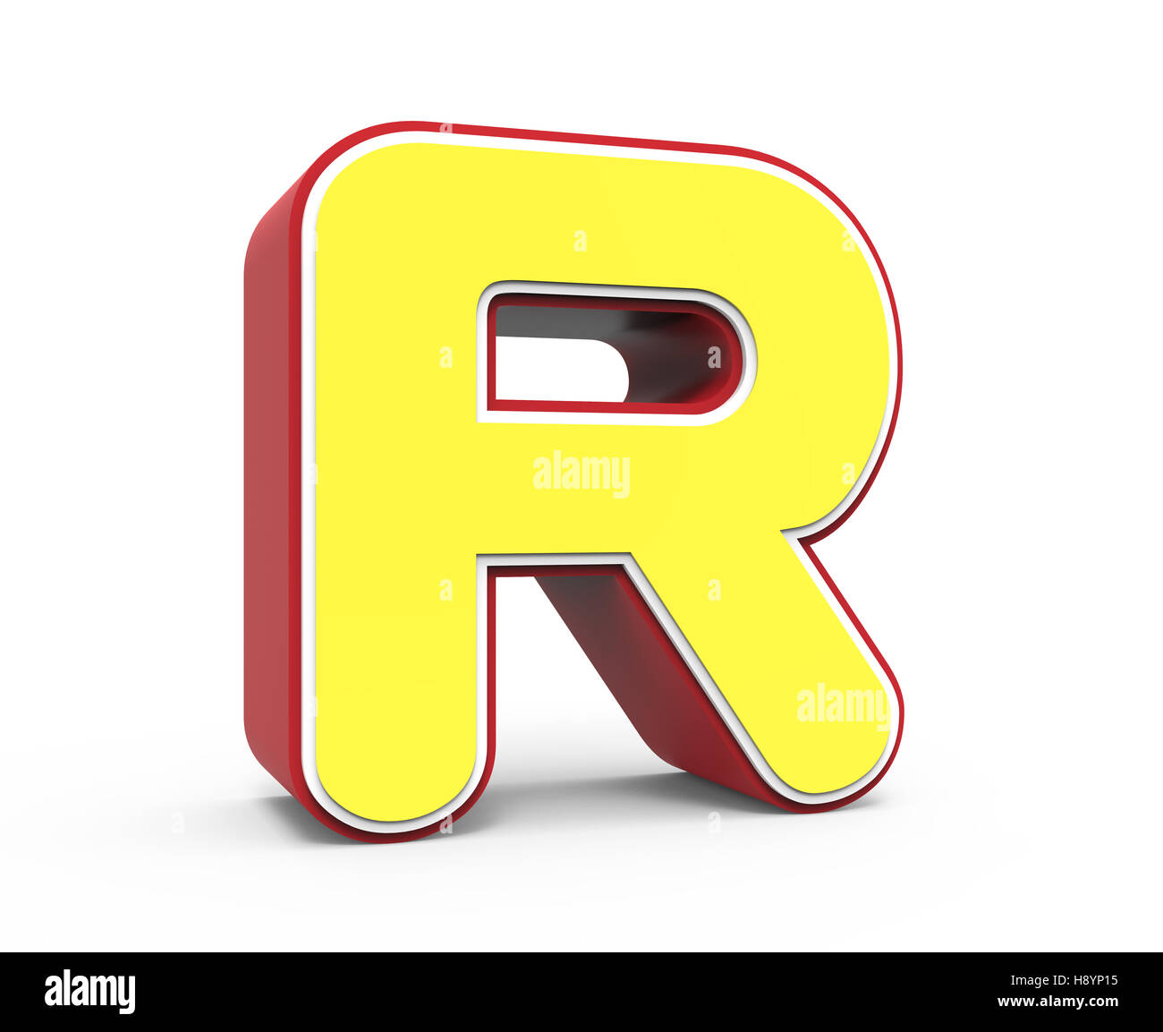 left tilt red framed yellow letter R, 3D rendering graphic isolated on ...