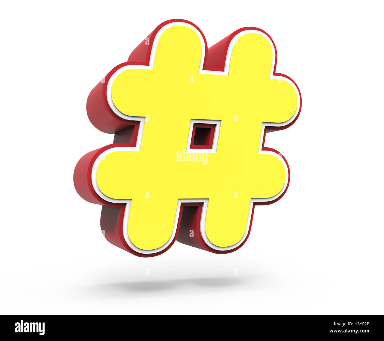 left tilt red framed yellow hashtag mark, 3D rendering graphic isolated ...