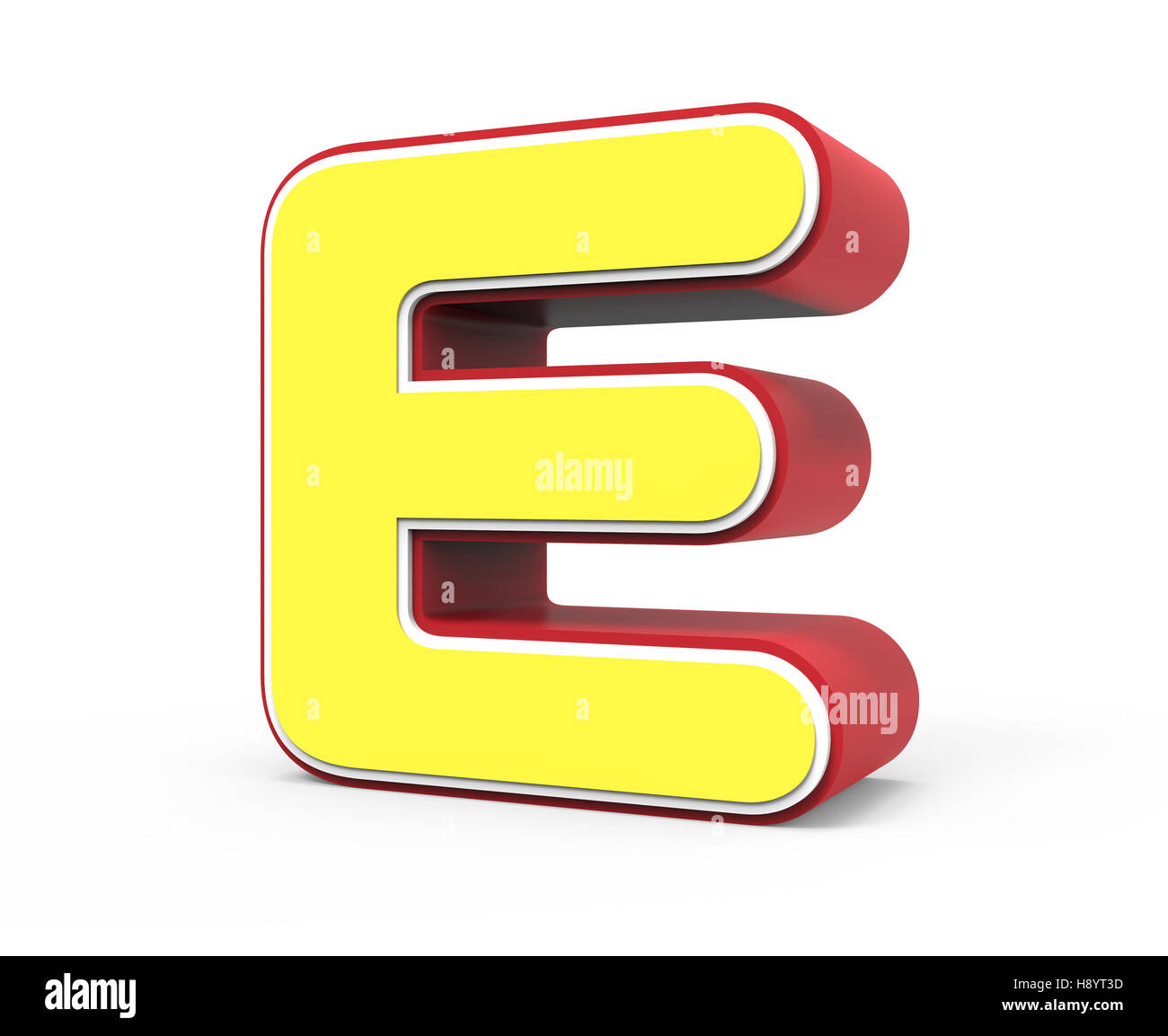 right tilt red framed yellow letter E, 3D rendering graphic isolated on ...