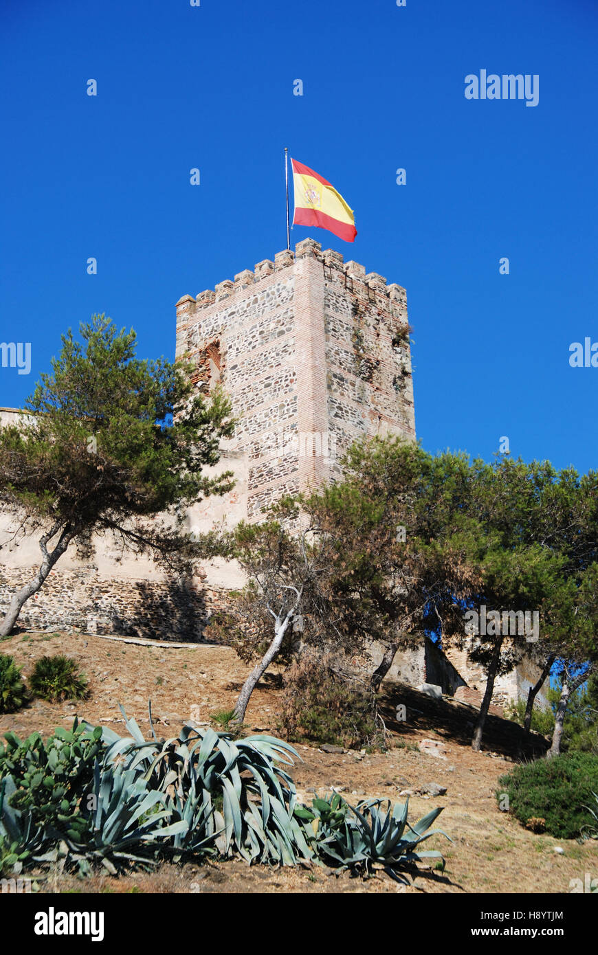 View of Sohail castle with a Spanish flag on one of the towers ...