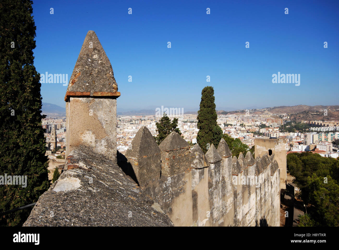 Gibralfaro castle walls with views over the city, Malaga, Malaga ...