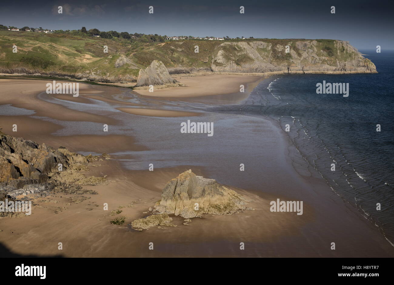 Three Cliff Bay in spring; Penmaen, Gower Peninsula AONB, South Wales ...