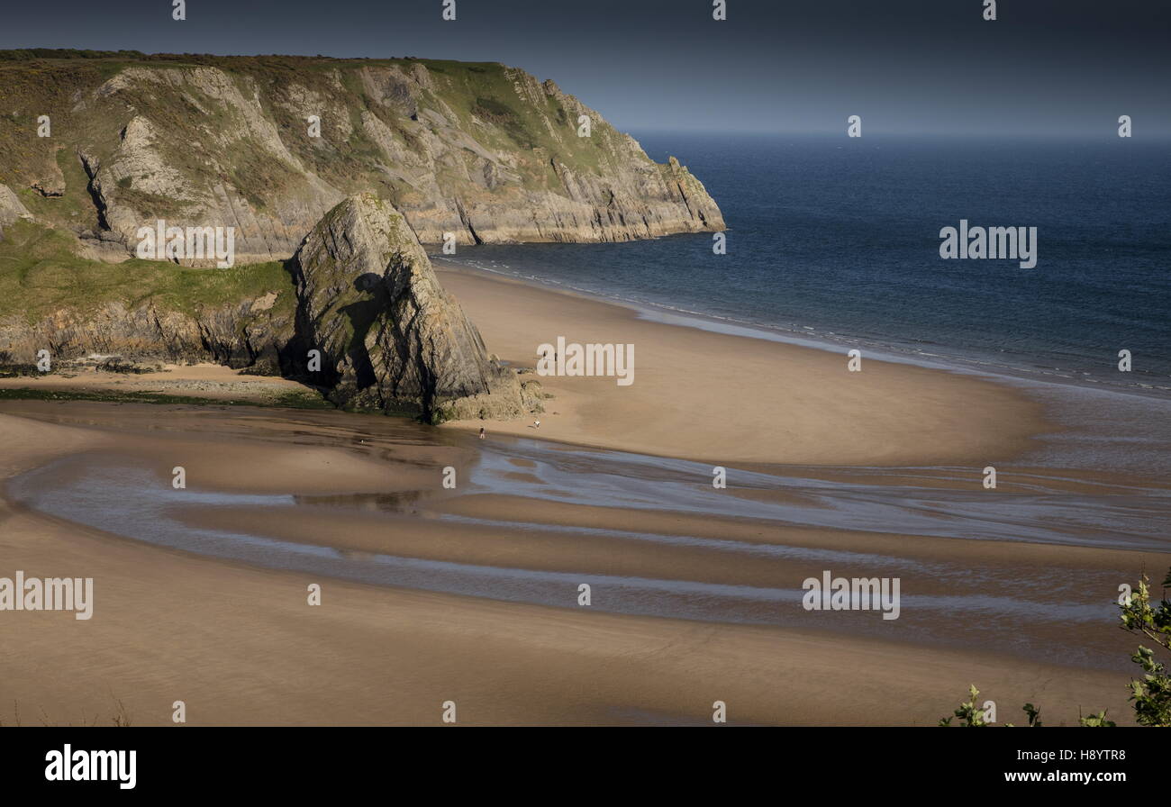 Three Cliffs Bay in spring; Penmaen, Gower Peninsula AONB, South Wales ...