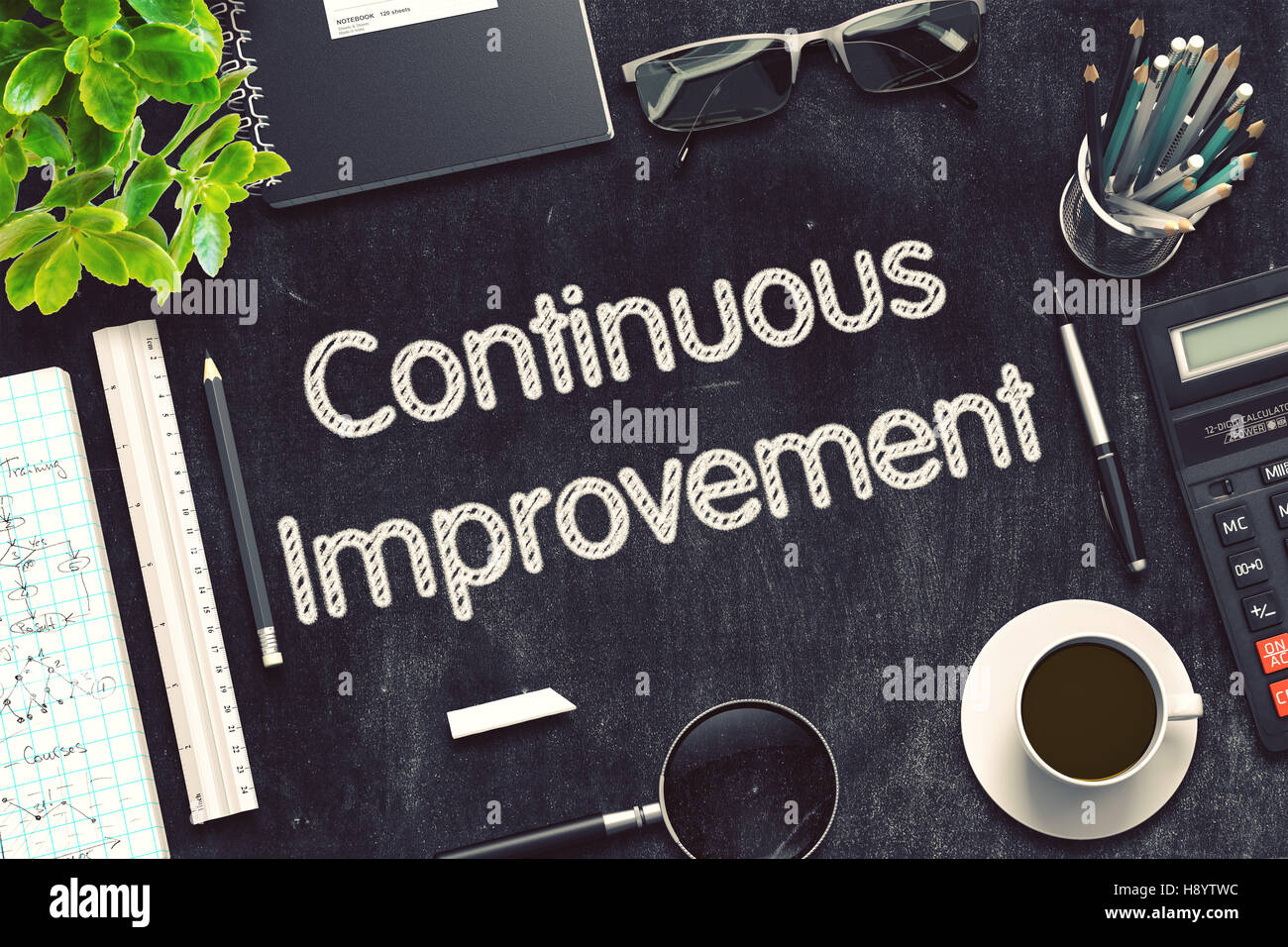 Continuous Improvement on Black Chalkboard. 3D Rendering Stock Photo ...