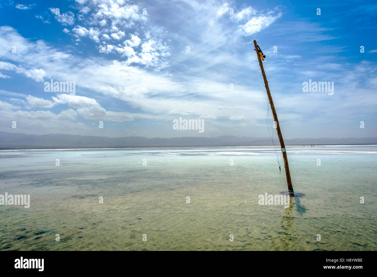 View over Chaqia (Chakayan) salt lake and abandoned electric pillar ...