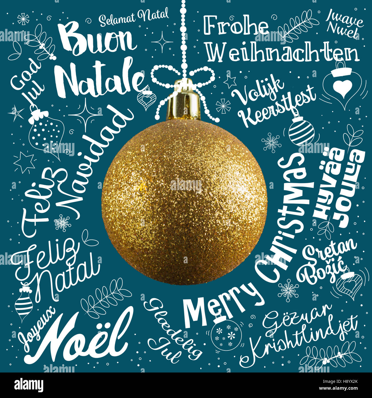 Merry Christmas greetings card from world in different languages with ...