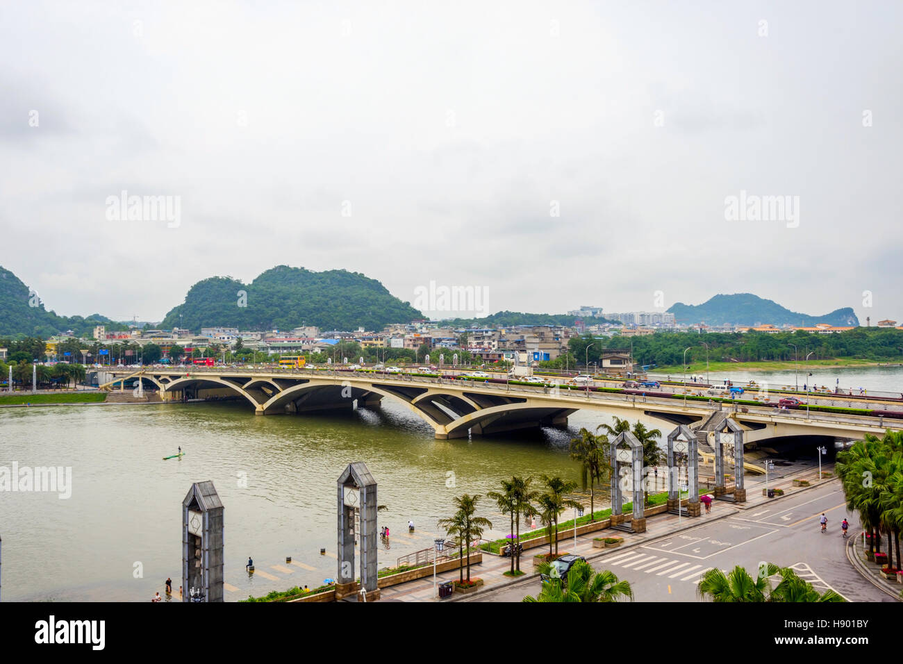 Bridge over Li river in Guilin with famous karst mountain landscape in ...